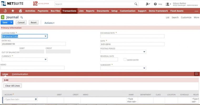 NetSuite Create Manual Journal Entry
