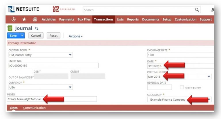 NetSuite Create Manual Journal Entry