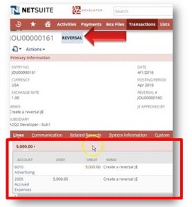 NetSuite Create Reversing Journal Entry