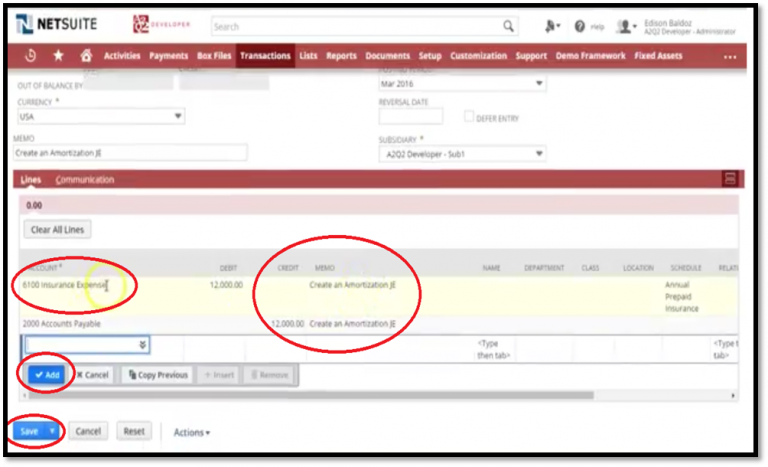 NetSuite Create Amortization Journal Entry