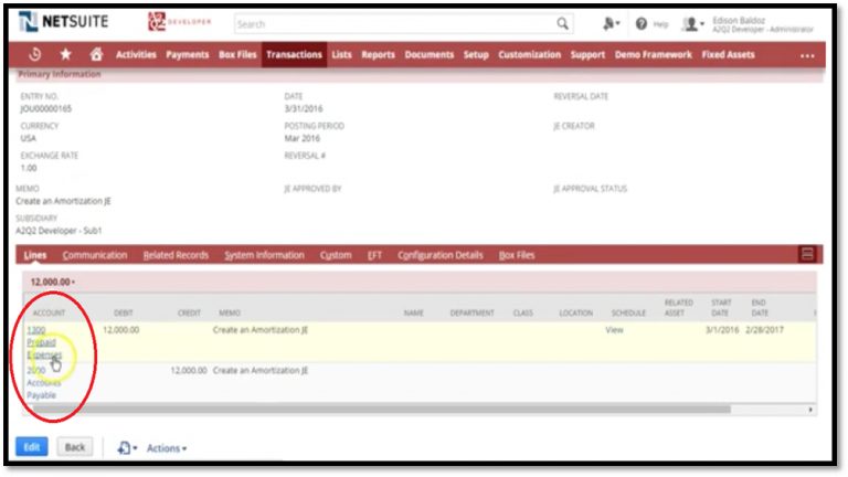 NetSuite Create Amortization Journal Entry