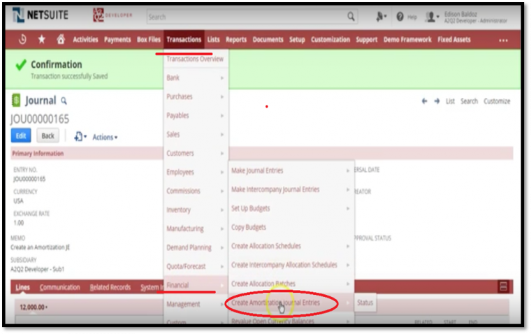 NetSuite Create Amortization Journal Entry