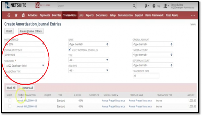 NetSuite Create Amortization Journal Entry