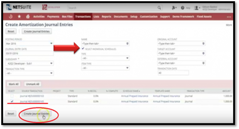NetSuite Create Amortization Journal Entry