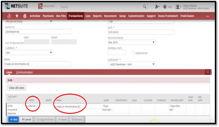 NetSuite Create Amortization Journal Entry