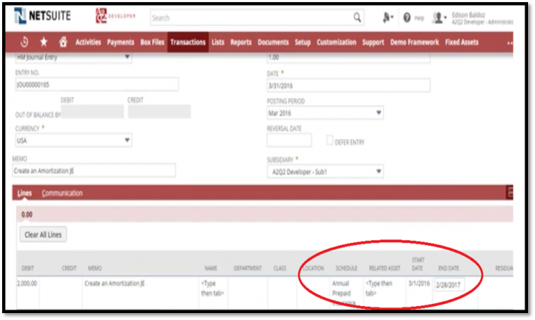 NetSuite Create Amortization Journal Entry
